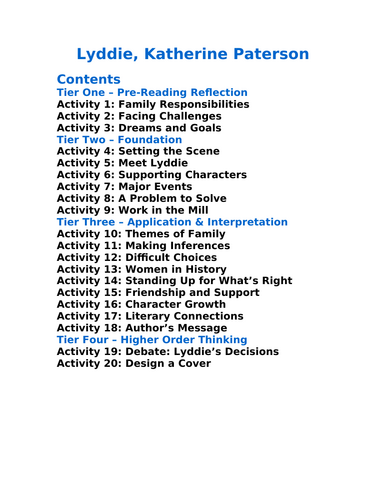 Lyddie Katherine Paterson - 20 Differentiated Activities | Teaching ...
