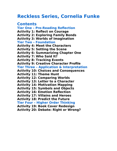 Reckless Series Cornelia Funke - 20 Differentiated Activities ...