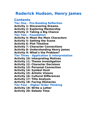 Roderick Hudson Henry James - 20 Differentiated Activities | Teaching ...