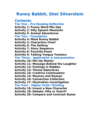Runny Babbit Shel Silverstein - 20 Differentiated Activities | Teaching ...