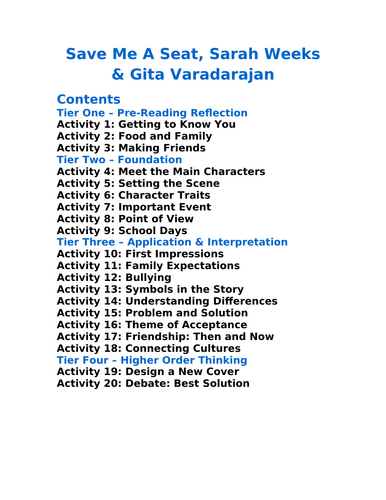 Save Me A Seat Sarah Weeks Gita Varadarajan - 20 Differentiated ...