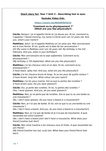 03. FRENCH SHORT STORY - year 7. Unit 3: Description physique ...