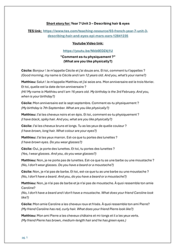 03. FRENCH SHORT STORY - year 7. Unit 3: Description physique ...