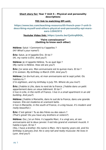 05. FRENCH SHORT STORY - Year 7. Unit 5: Se décrire et décrire les ...