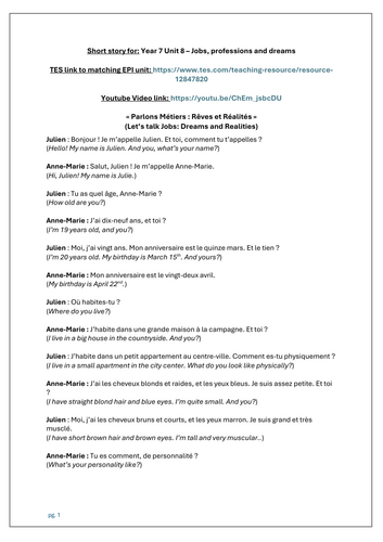 08. FRENCH SHORT STORY - Grade 6. Unit 8: Les différentes professions ...