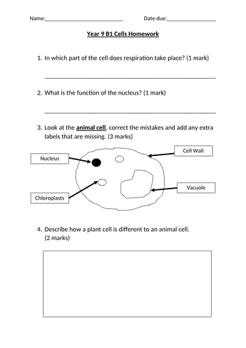GCSE Biology Cells Homework | Teaching Resources