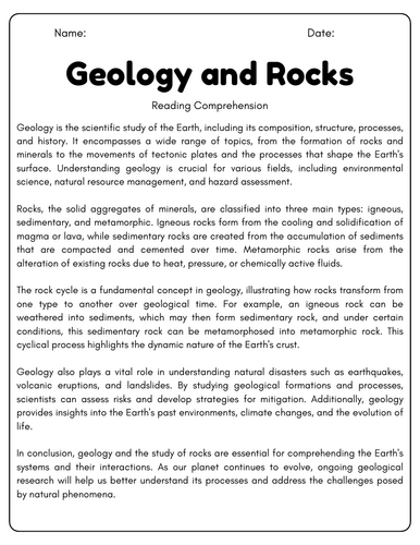 Geology and Rocks: Reading Comprehension Passages & Questions ...