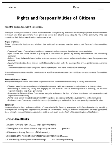 Rights and Responsibilities of Citizens Reading Comprehension Passages ...