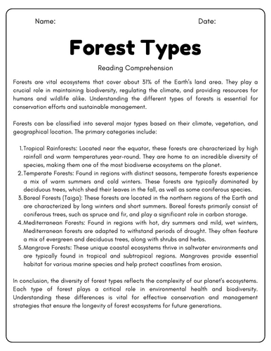 Forest Types: Reading Comprehension Passages & Questions Worksheets ...