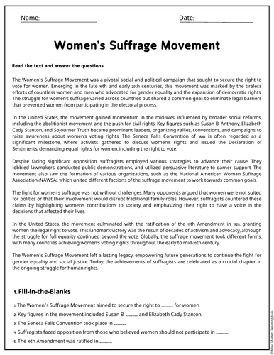 Women’s Suffrage Movement Reading Comprehension Passages & Questions ...