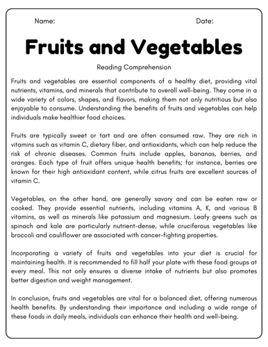 Fruits and Vegetables: Reading Comprehension Passages & Questions ...