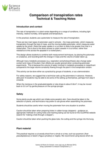 AQA A-Level New specification - 3.3.4.2 Transpiration with Potometer ...