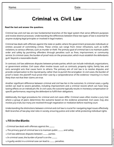 Criminal vs. Civil Law Reading Comprehension Passages & Questions ...