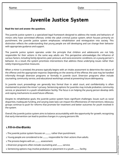 Juvenile Justice System Reading Comprehension Passages & Questions ...