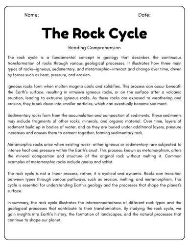 The Rock Cycle: Reading Comprehension Passages & Questions Worksheets ...
