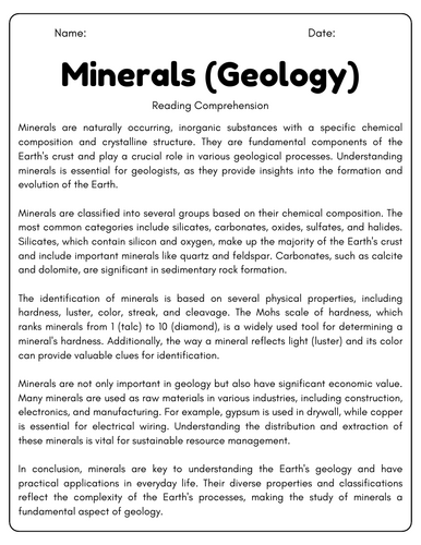 Minerals (Geology): Reading Comprehension Passages & Questions ...