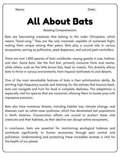 All About Bats: Reading Comprehension Passages & Questions Worksheets ...
