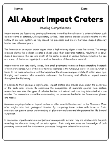 All About Impact Craters: Reading Comprehension Passages & Questions ...