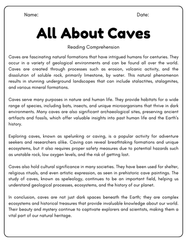 All About Caves: Reading Comprehension Passages & Questions Worksheets ...