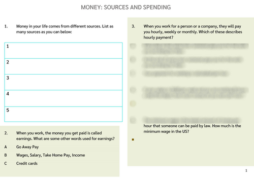 Personal Finance: Sources and Spending Worksheet (US) | Teaching Resources