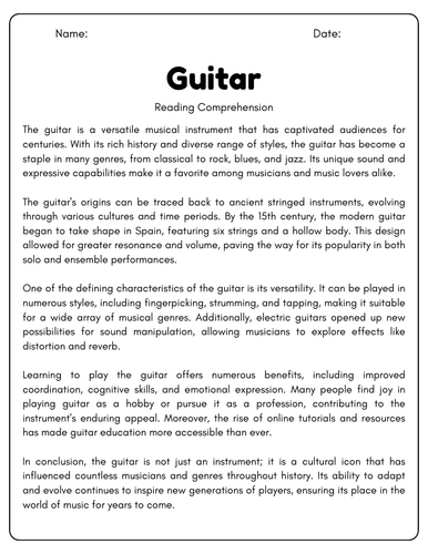 Guitar: Reading Comprehension Passages & Questions Worksheets ...