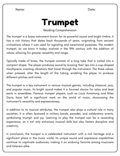 Trumpet: Reading Comprehension Passages & Questions Worksheets ...