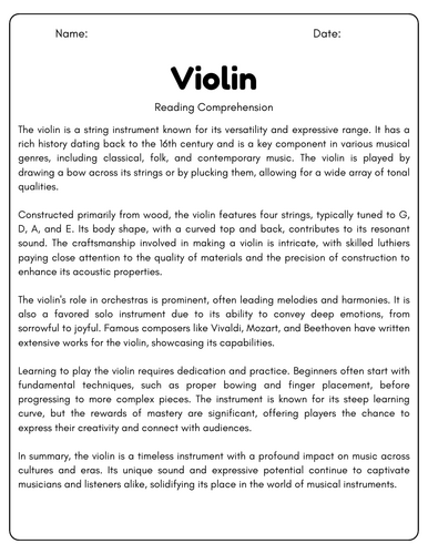 Violin: Reading Comprehension Passages & Questions Worksheets ...