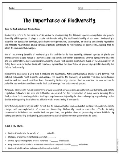 The Importance of Biodiversity Reading Comprehension Passages ...