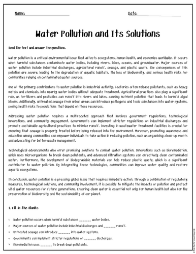Water Pollution and Its Solutions Reading Comprehension Passages ...
