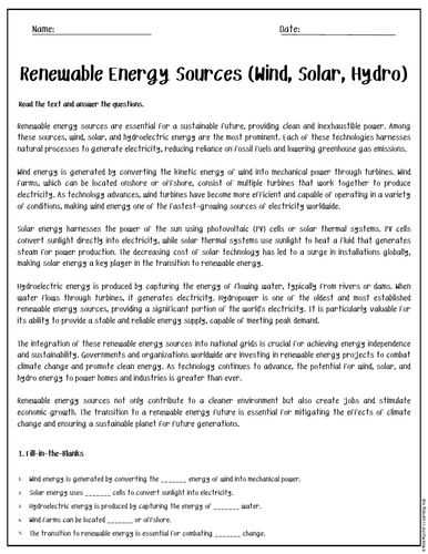 Renewable Energy Sources (Wind, Solar, Hydro) Reading Comprehension ...