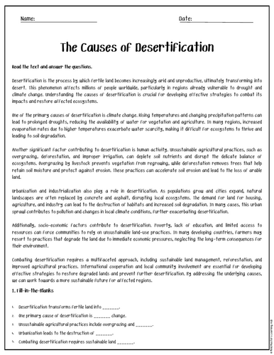 The Causes of Desertification Reading Comprehension Passages & Questions Worksheets | Teaching ...