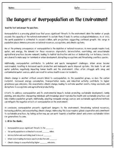 The Dangers of Overpopulation on the Environment Reading Comprehension ...