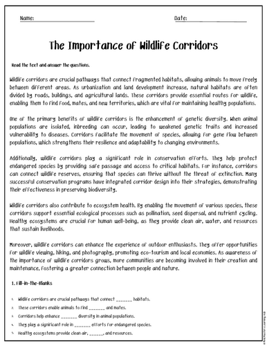 The Importance of Wildlife Corridors Reading Comprehension Passages ...