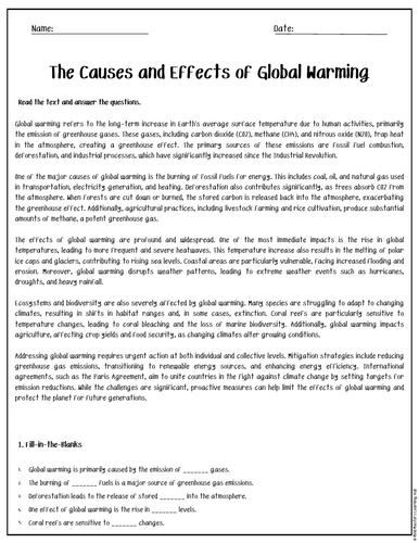 The Causes and Effects of Global Warming Reading Comprehension Passages ...