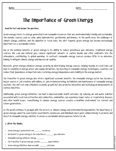 The Importance of Green Energy Reading Comprehension Passages ...