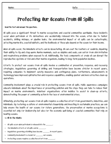 Protecting Our Oceans from Oil Spills Reading Comprehension Passages ...