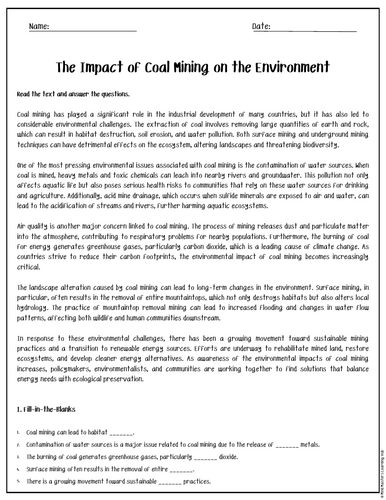 The Impact of Coal Mining on the Environment Reading Comprehension ...