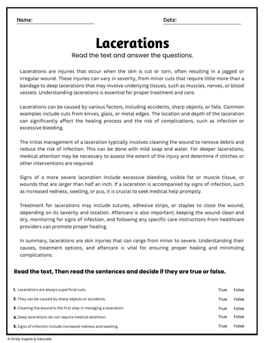 Lacerations - Reading Comprehension Passages & Questions Worksheets ...