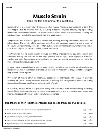 Muscle Strain - Reading Comprehension Passages & Questions Worksheets ...
