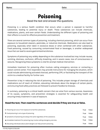 Poisoning - Reading Comprehension Passages & Questions Worksheets ...