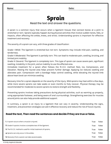 Sprains - Reading Comprehension Passages & Questions Worksheets ...