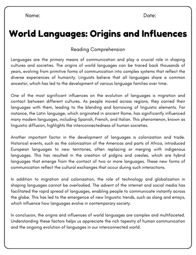 World Languages: Origins and Influences: Reading Comprehension Passages ...