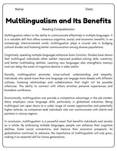 Multilingualism and Its Benefits: Reading Comprehension Passages ...