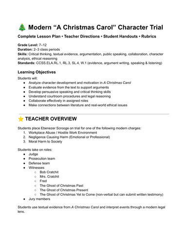 Modern “A Christmas Carol” Character Trial -- Detailed Multi-Day Lesson ...