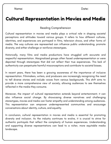 Cultural Representation in Movies and Media: Reading Comprehension ...