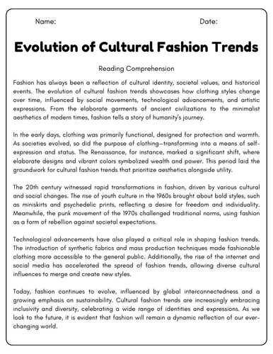 Evolution of Cultural Fashion Trends: Reading Comprehension Passages ...