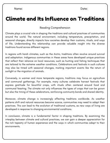 Climate and Its Influence on Traditions: Reading Comprehension Passages ...