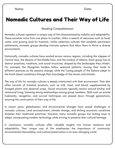Nomadic Cultures and Their Way of Life: Reading Comprehension Passages ...