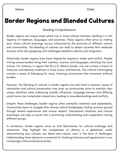 Border Regions and Blended Cultures: Reading Comprehension Passages ...