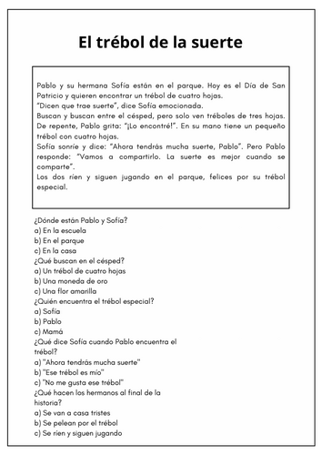 Spanish Reading Comprehension Passages | Saint Patrick’s Day Worksheets ...